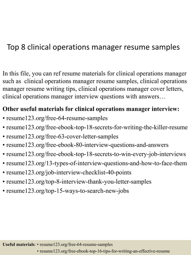 Top 8 clinical operations manager resume samples | PDF