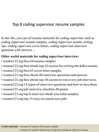 Top 8 coding supervisor resume samples | PDF