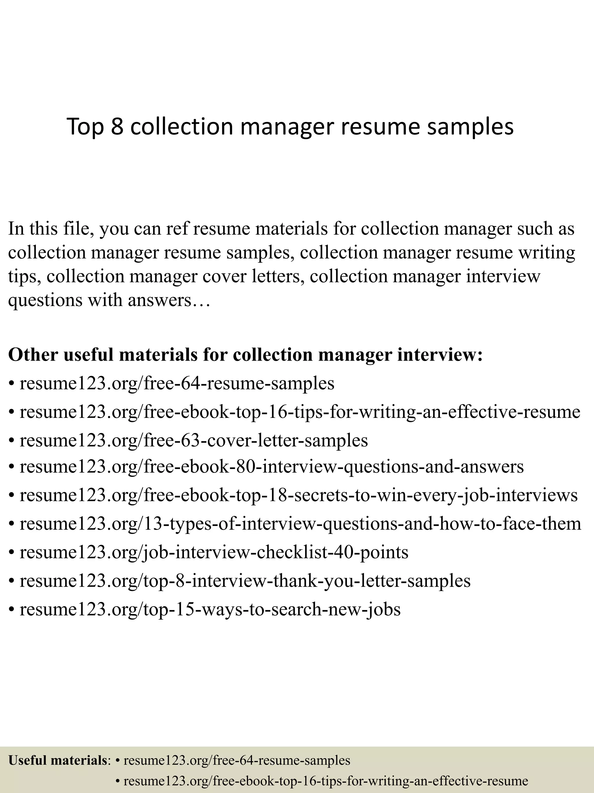 Top 8 collection manager resume samples | PDF