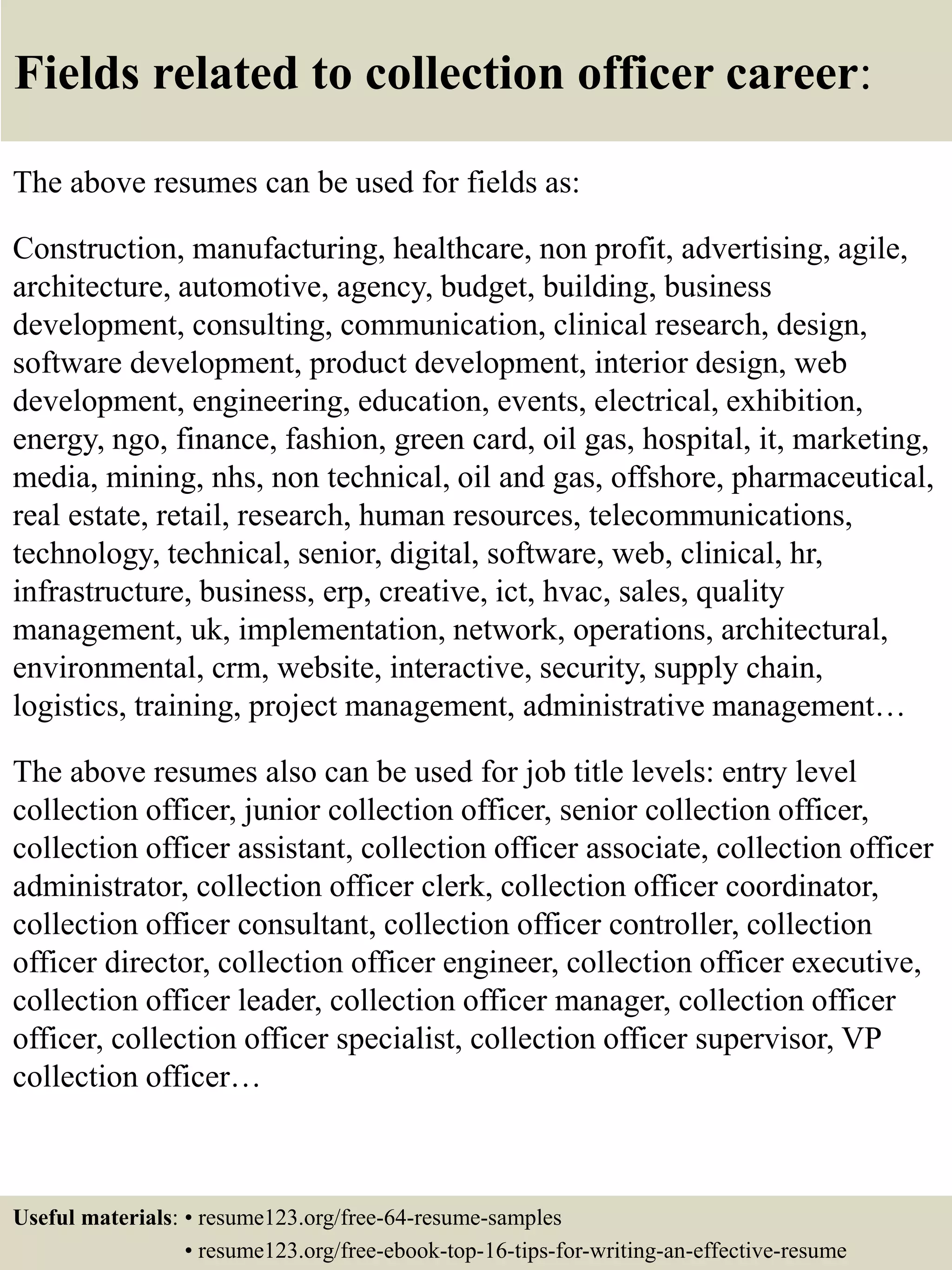Top 8 collection officer resume samples | PPTX