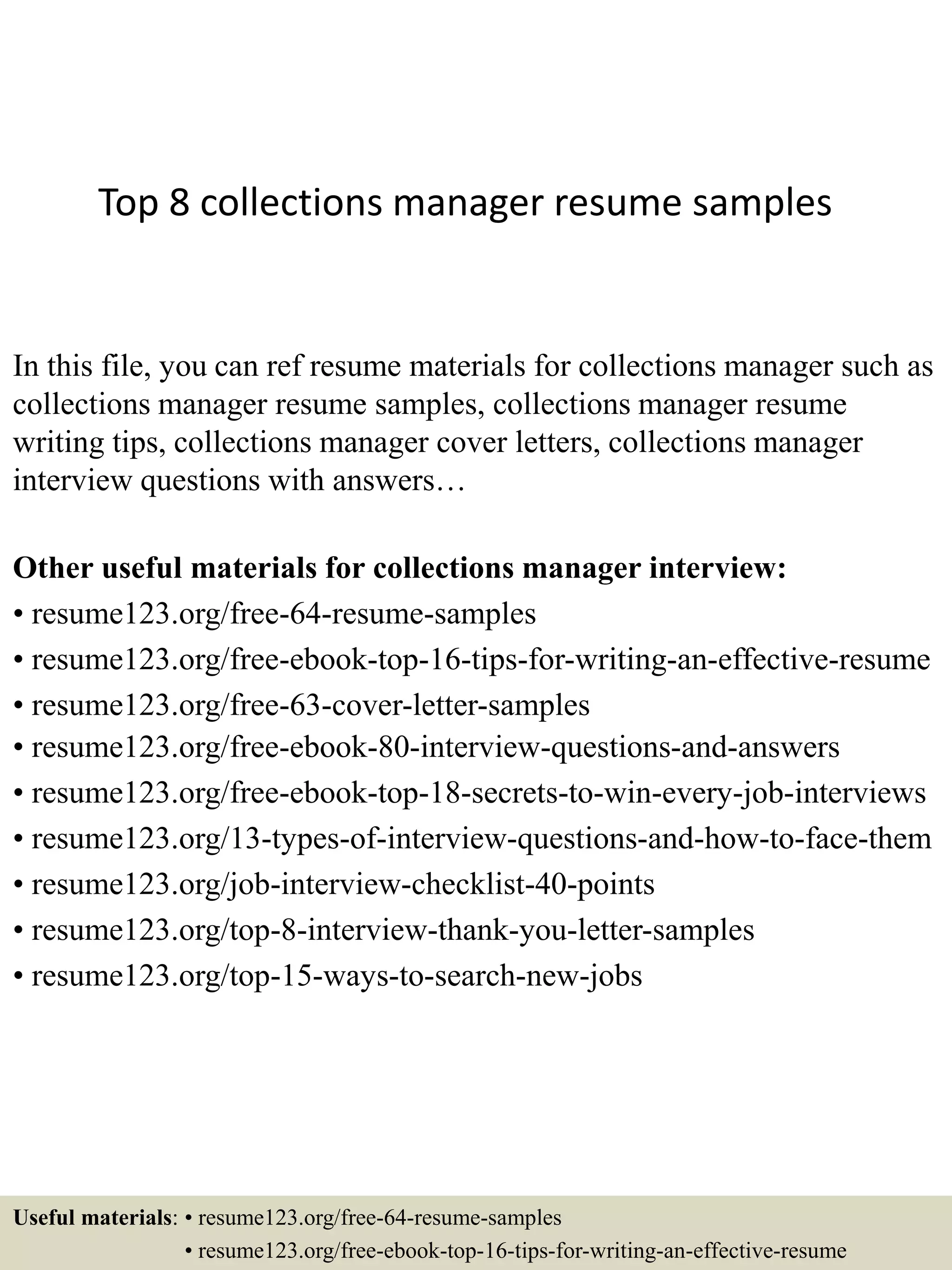 Top 8 collections manager resume samples | PPTX