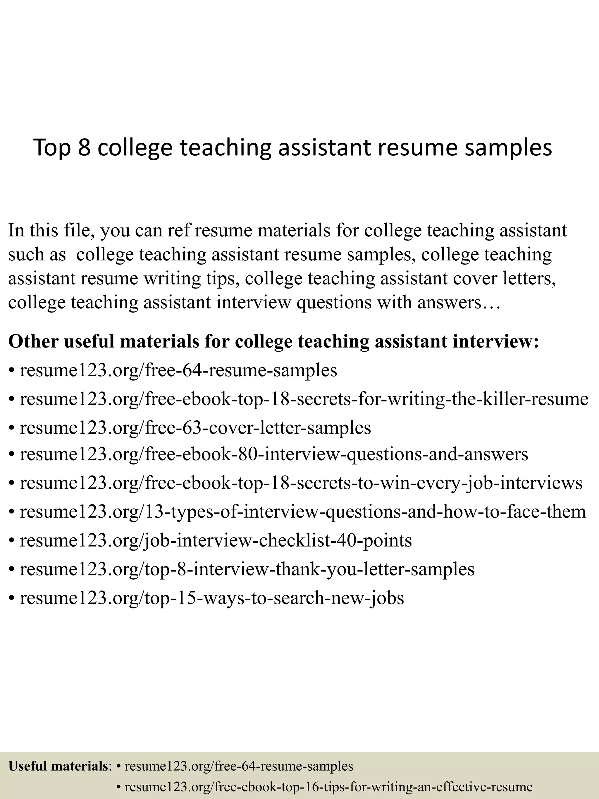 Top 8 college teaching assistant resume samples | PDF
