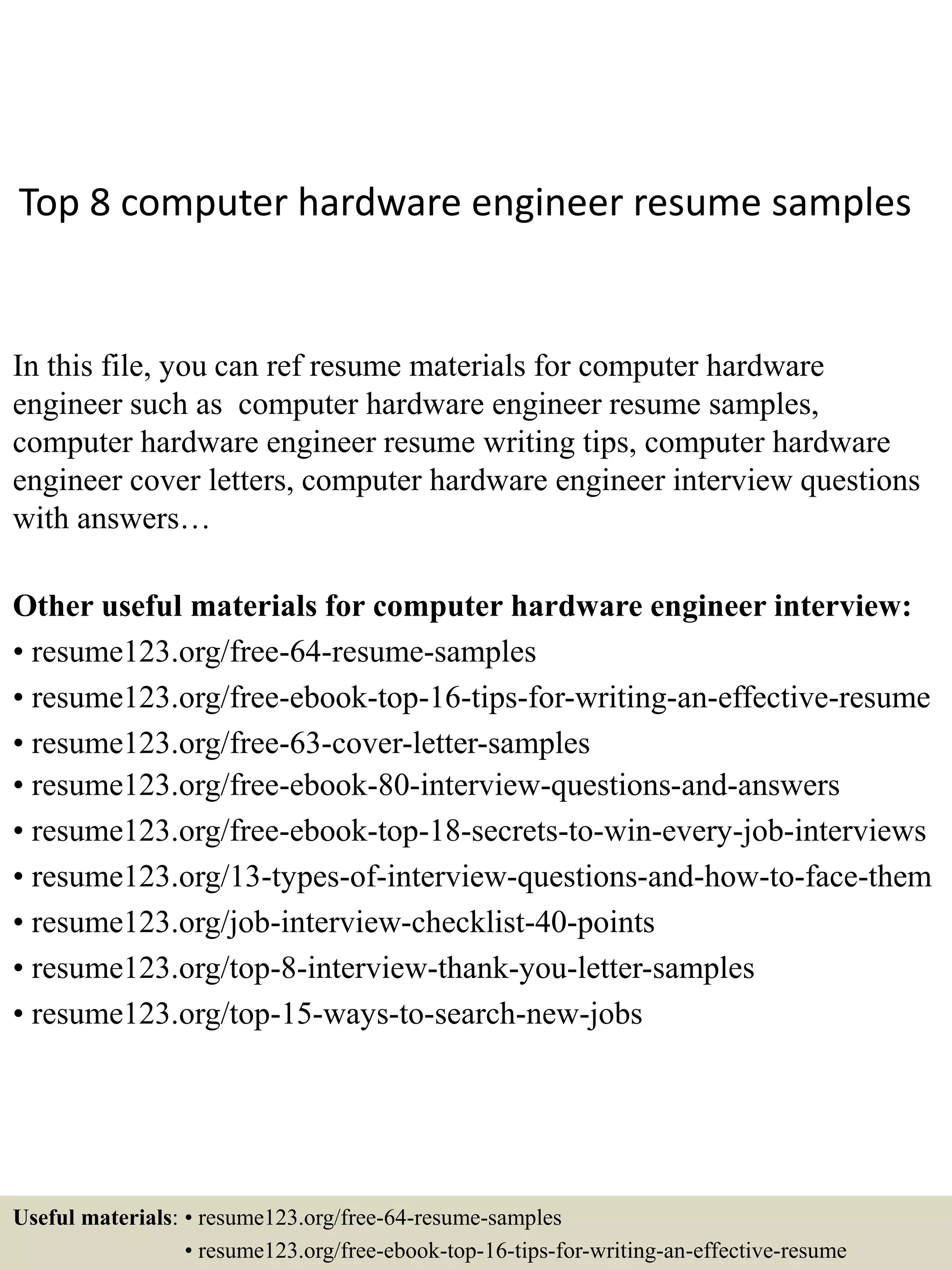 Top 8 computer hardware engineer resume samples | PPTX