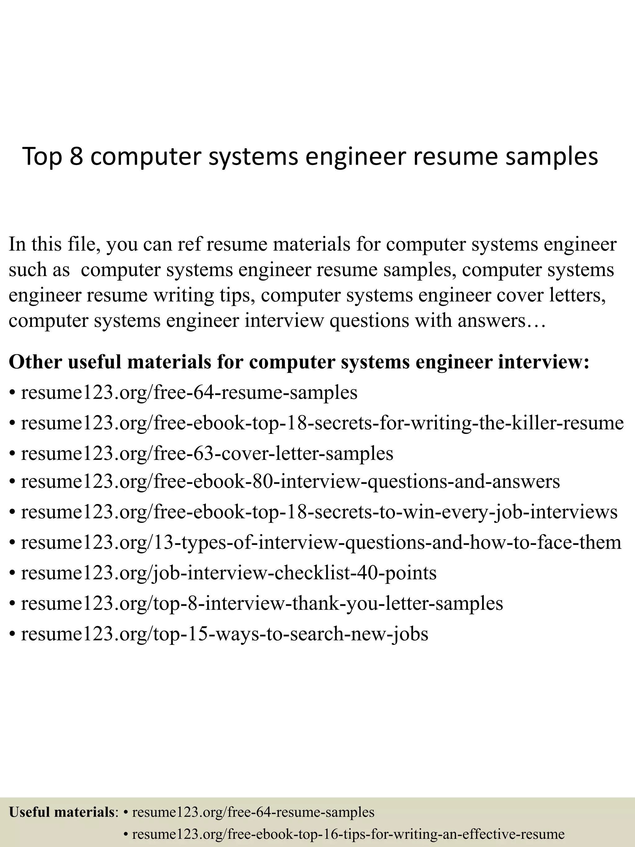 Top 8 computer systems engineer resume samples | PPTX