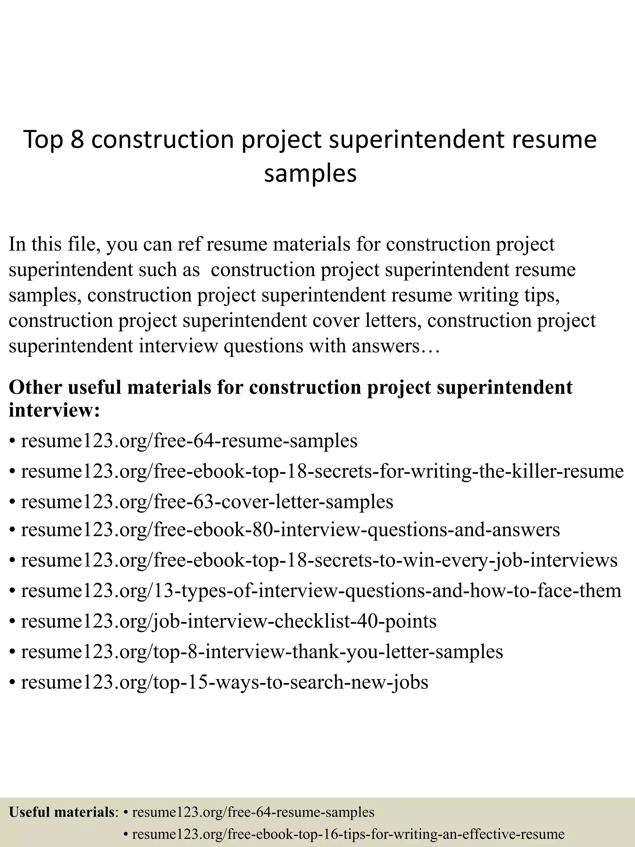 Top 8 construction project superintendent resume samples | PDF