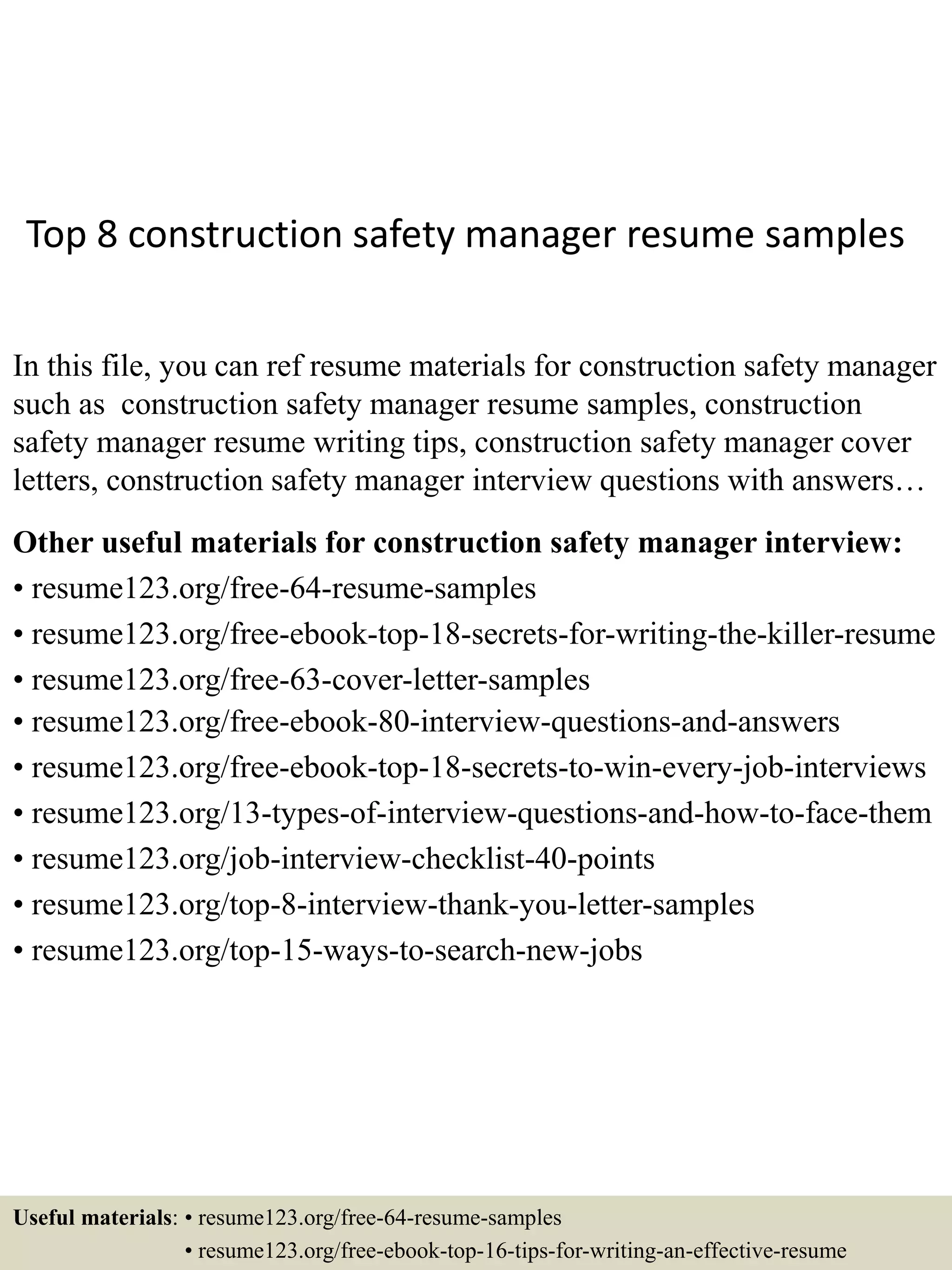 Top 8 construction safety manager resume samples | PDF