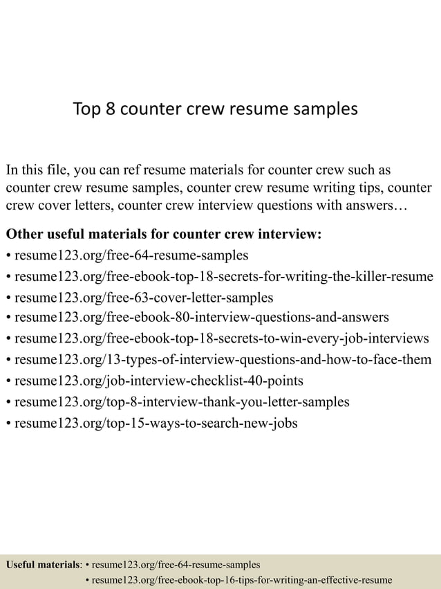Top 8 counter crew resume samples | PDF