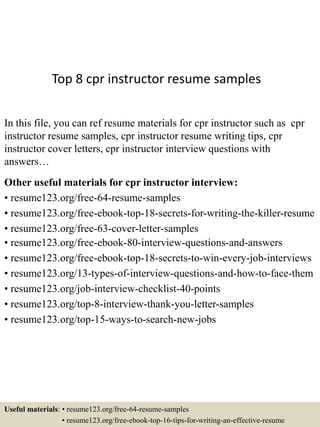 Top 8 cpr instructor resume samples | PPTX
