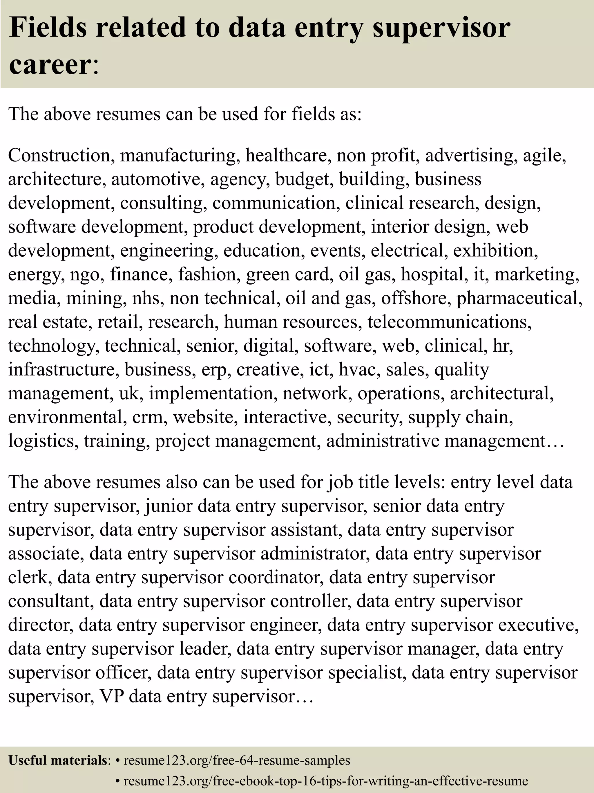Top 8 data entry supervisor resume samples | PPTX