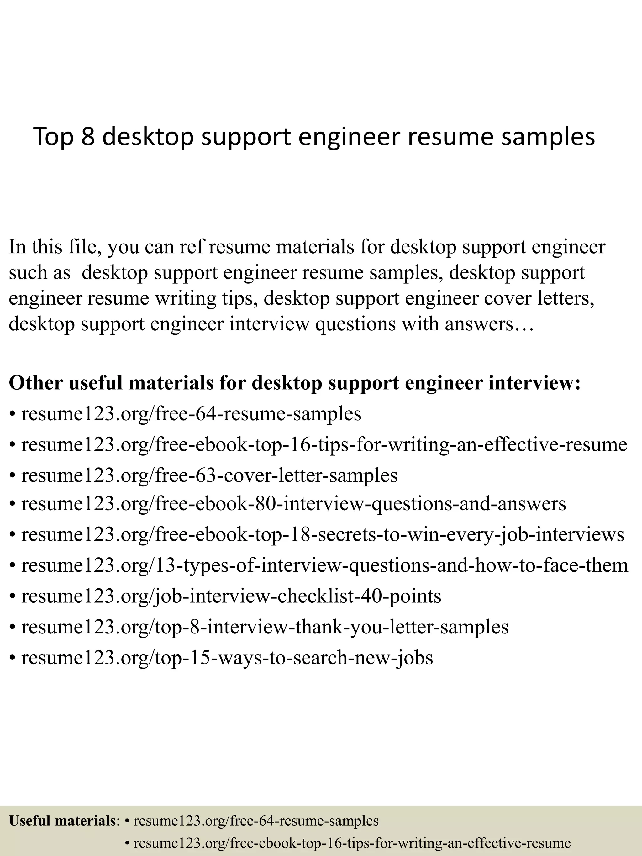 Top 8 desktop support engineer resume samples | PDF