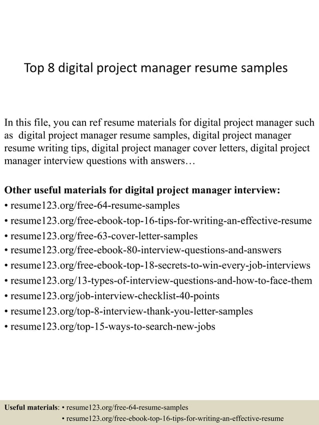 Top 8 digital project manager resume samples | PDF