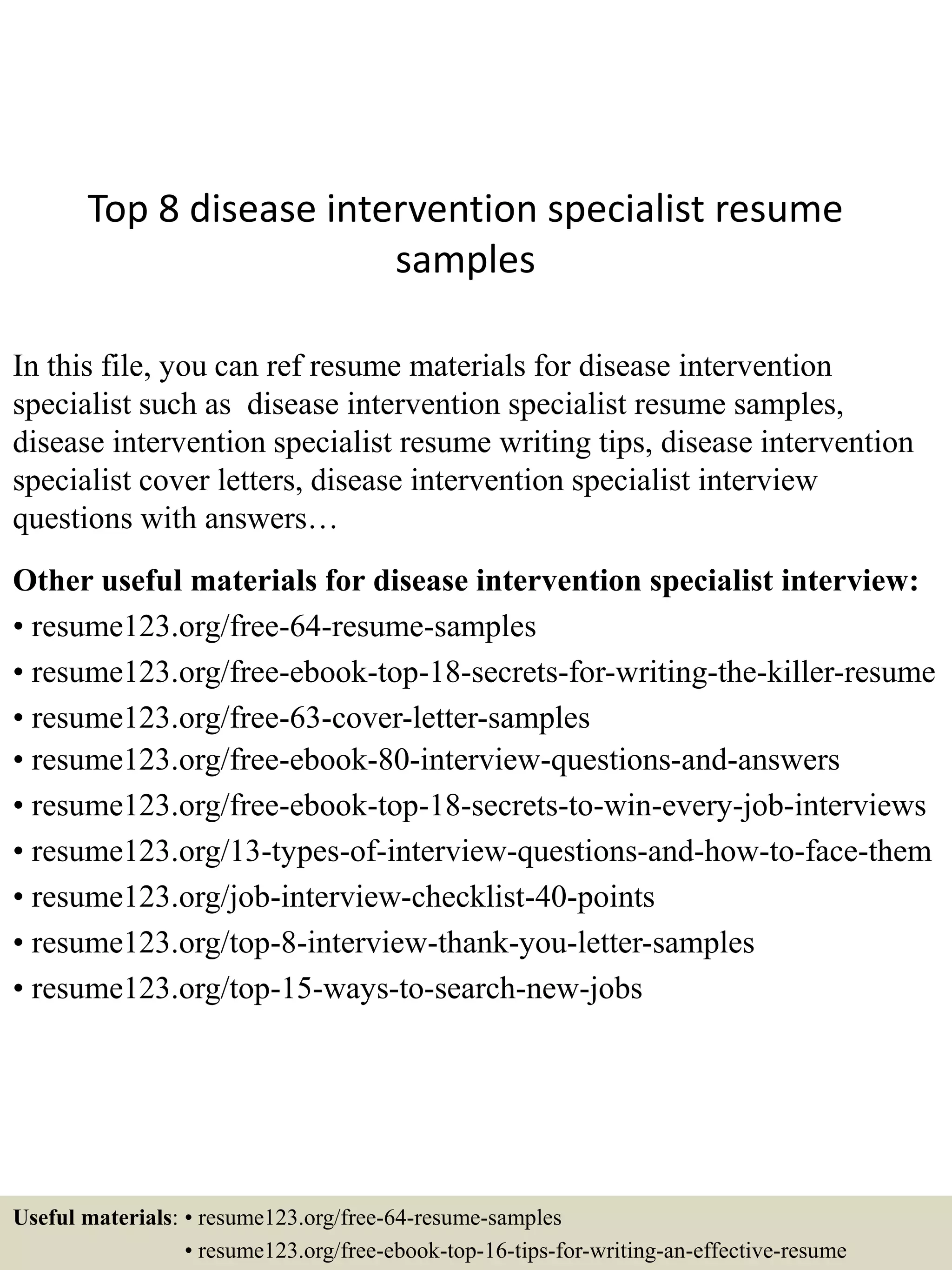 Top 8 disease intervention specialist resume samples | PPTX