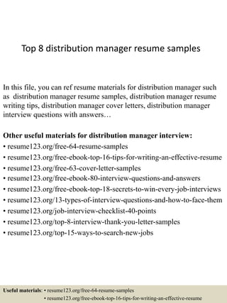 Top 8 distribution manager resume samples | PPTX