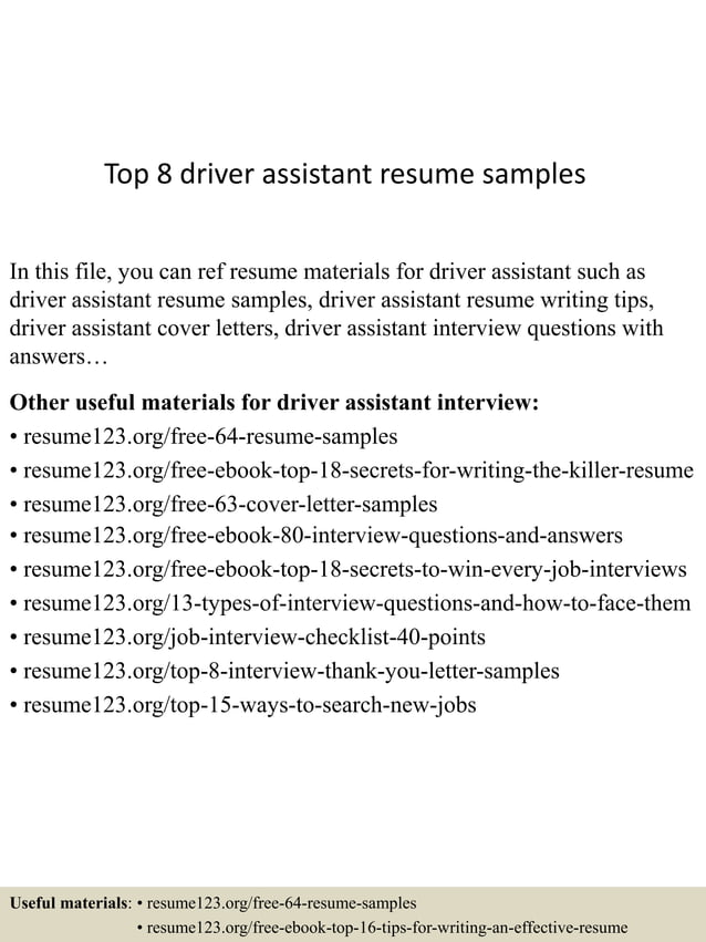 Top 8 driver assistant resume samples | PDF