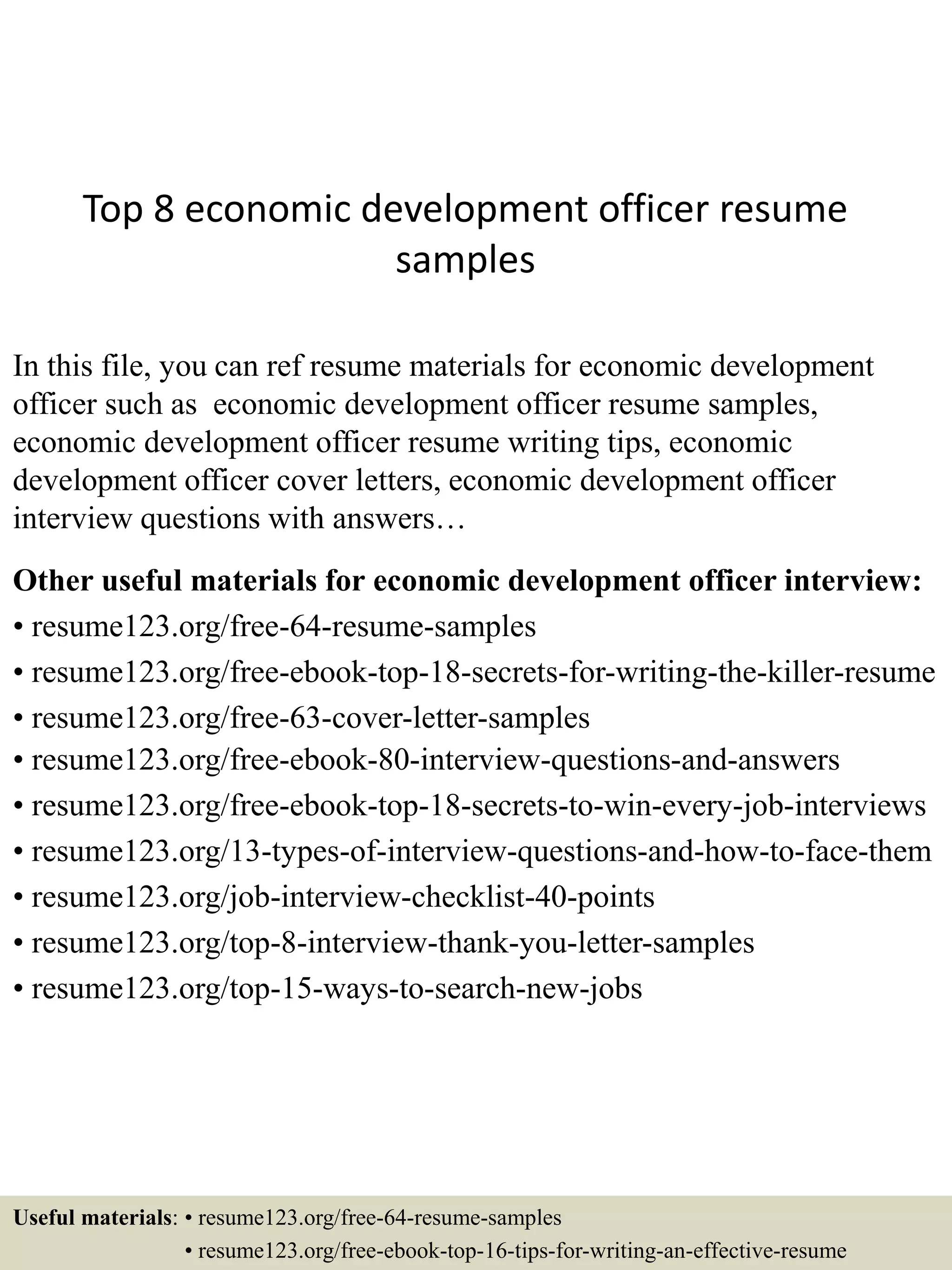 Top 8 economic development officer resume samples | PDF