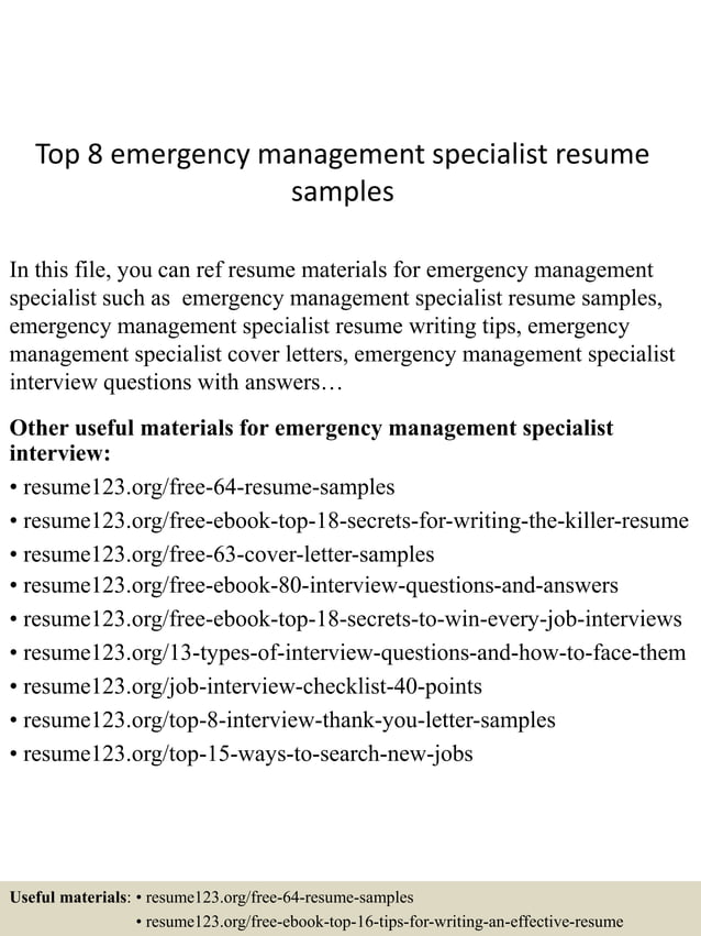 Top 8 emergency management specialist resume samples | PDF