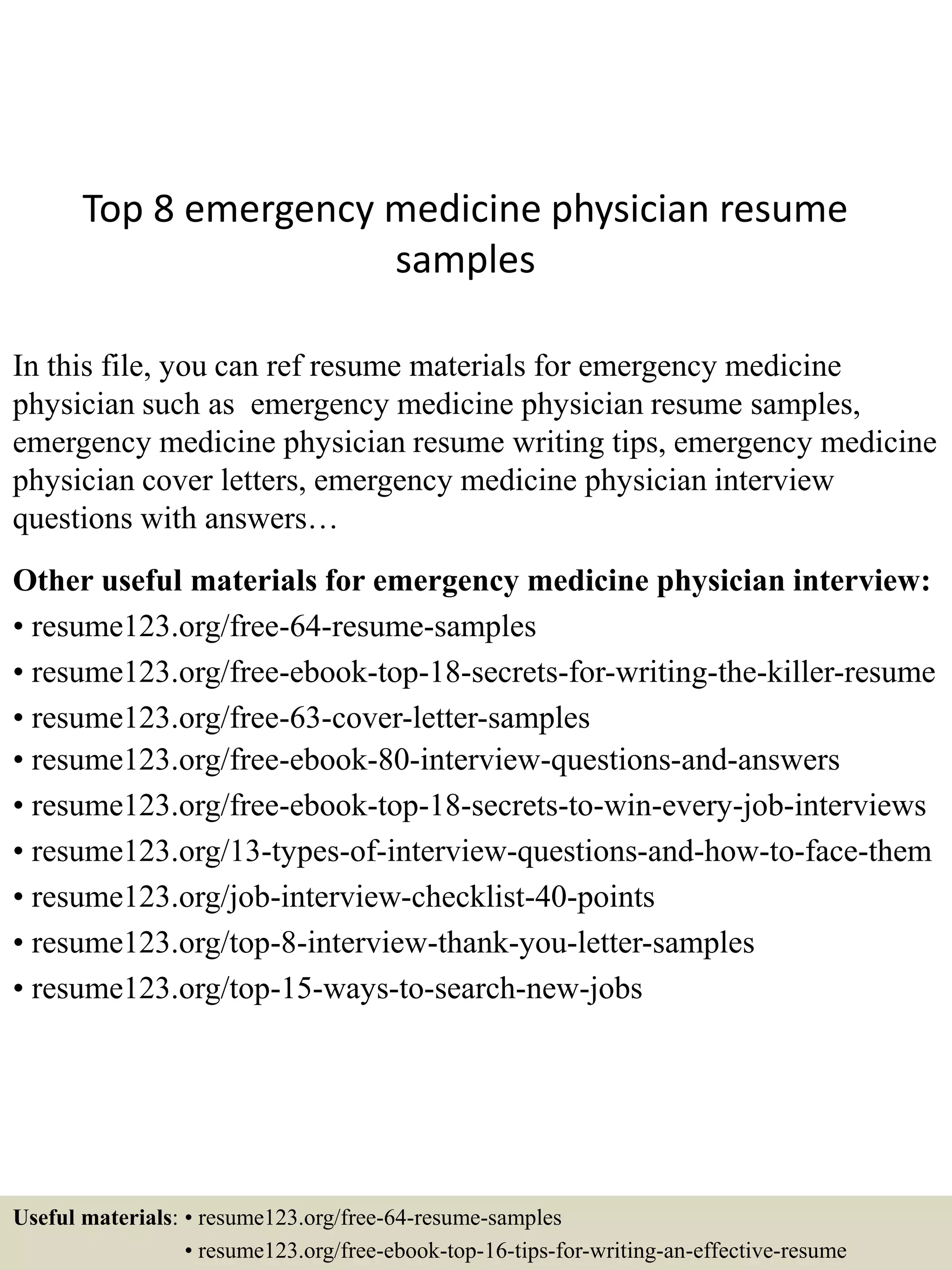Top 8 emergency medicine physician resume samples | PDF