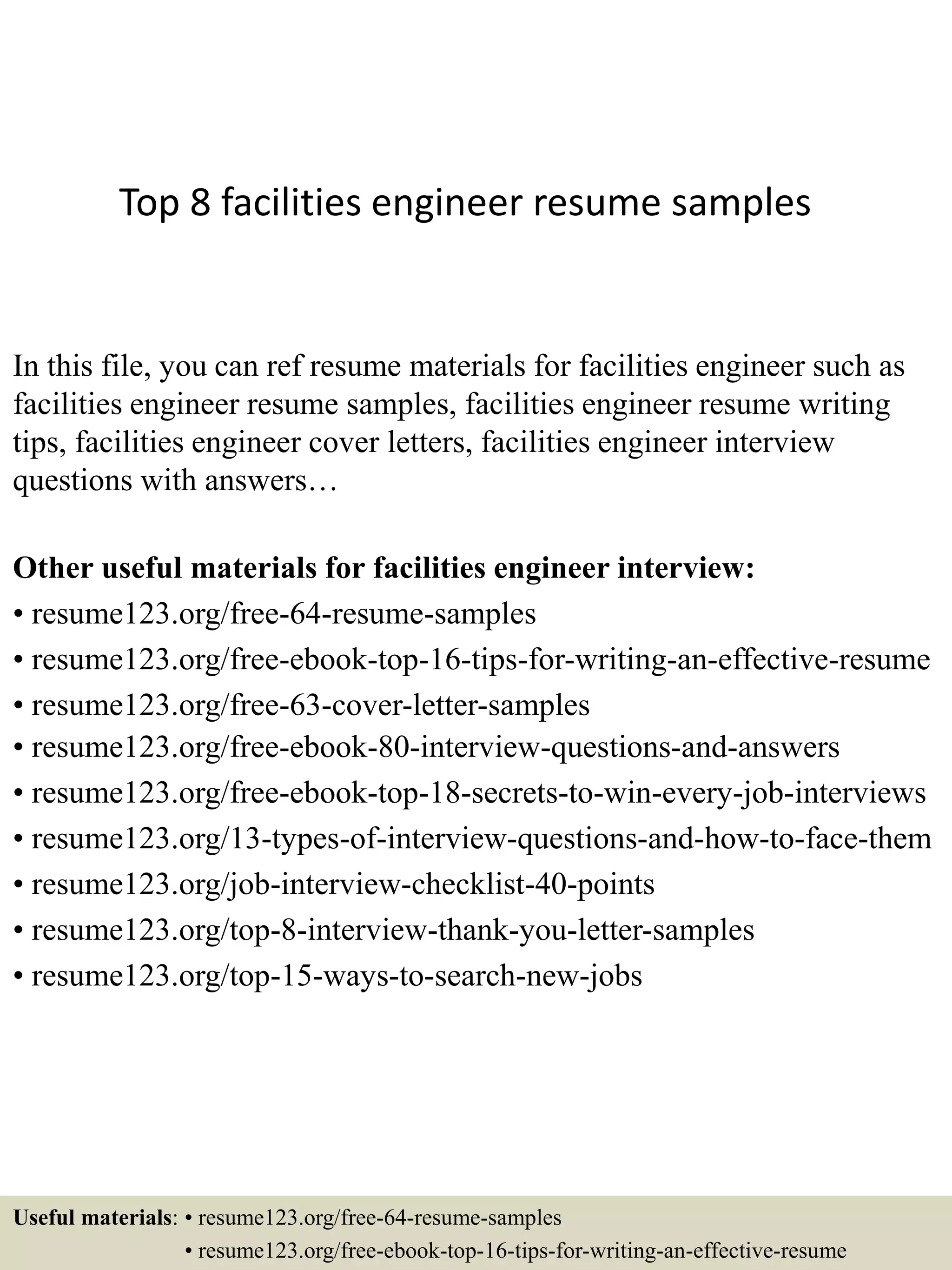 Top 8 facilities engineer resume samples | PDF