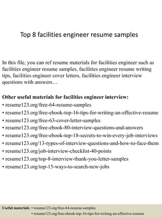 Top 8 facilities engineer resume samples | PDF