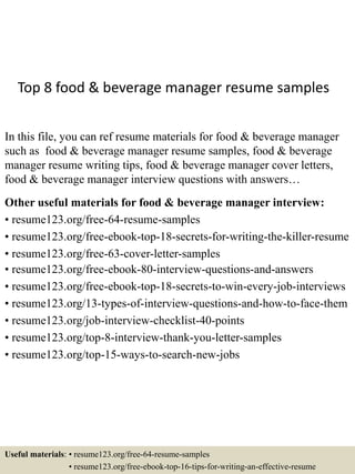 Top 8 food & beverage manager resume samples | PPTX | Resume Writing and Advice | Job Search