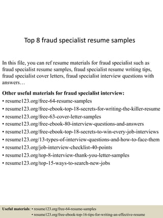 Top 8 fraud specialist resume samples | PPTX