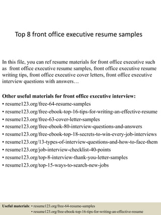 Top 8 front office executive resume samples | PPTX