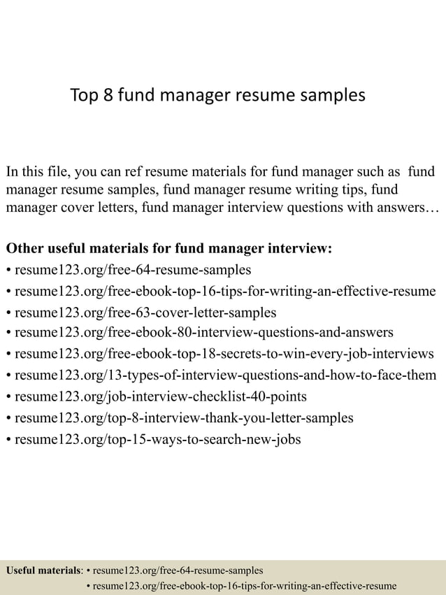 Top 8 fund manager resume samples | PPTX | Resume Writing and Advice ...