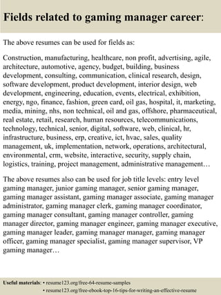 Top 8 gaming manager resume samples | PDF
