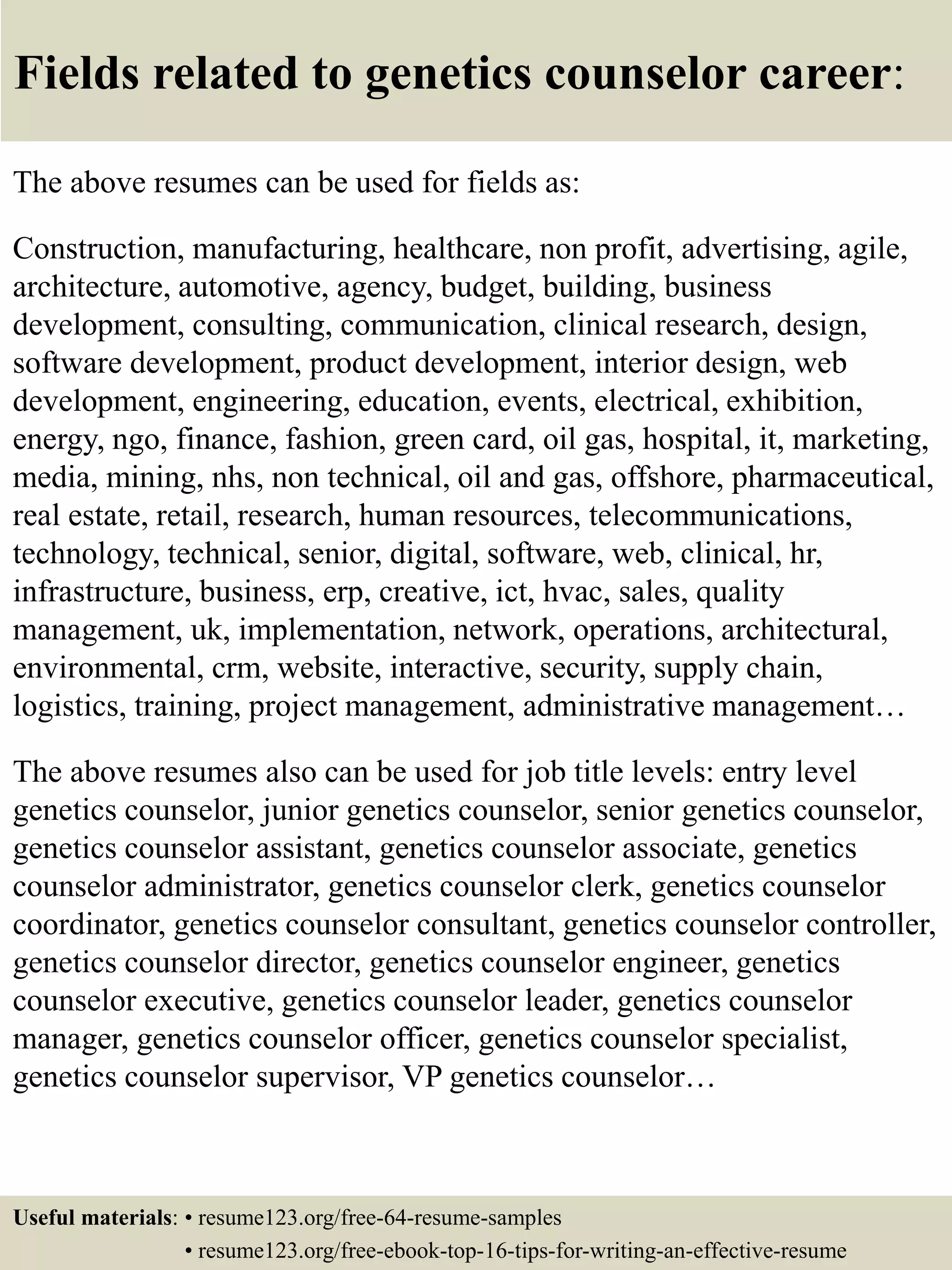 Top 8 genetics counselor resume samples | PPTX