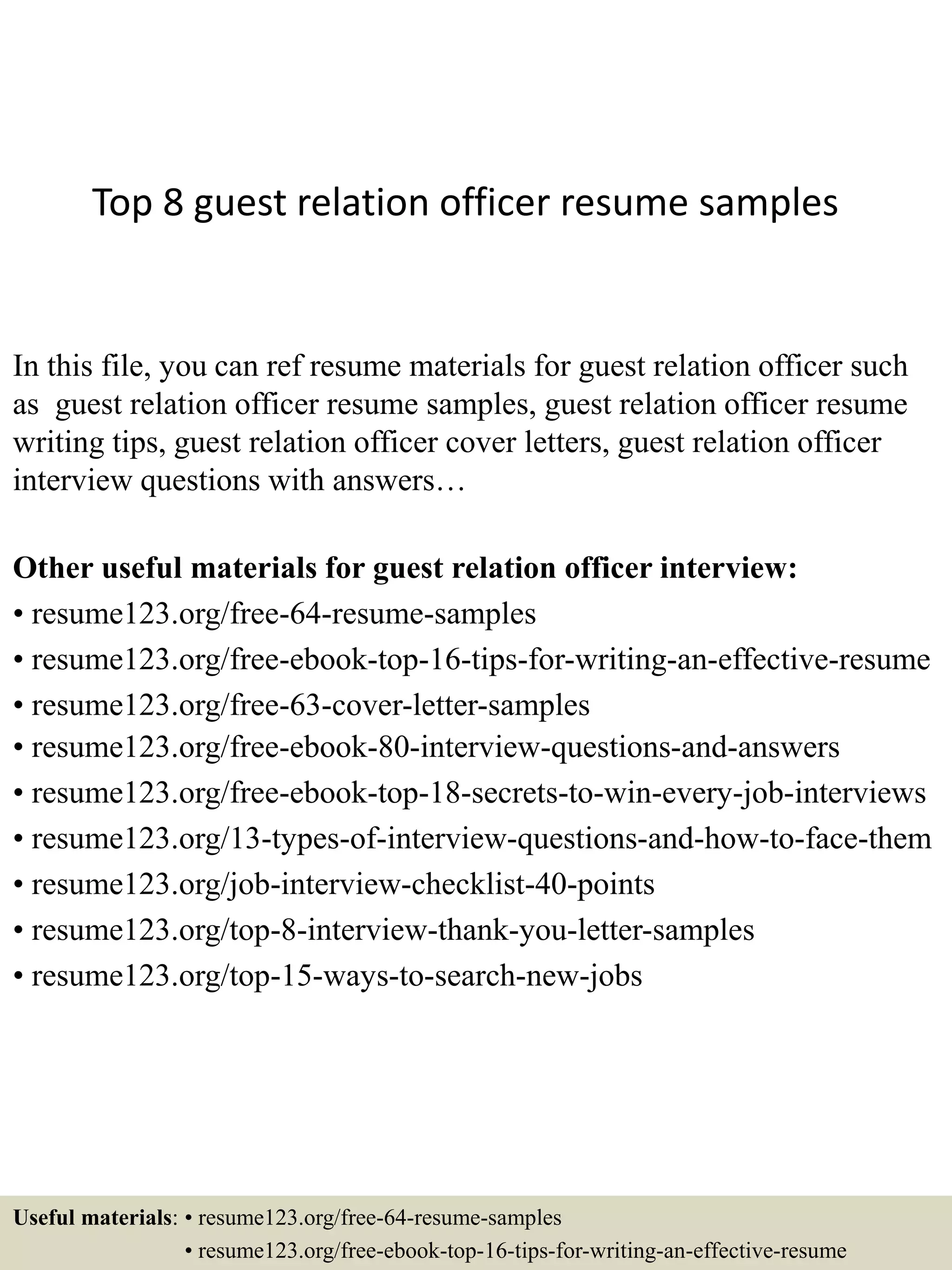 Top 8 guest relation officer resume samples | PPTX