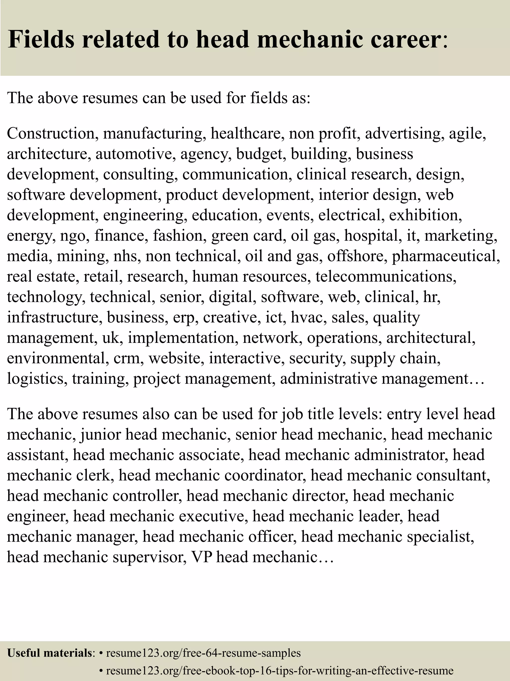 Top 8 head mechanic resume samples | PPTX