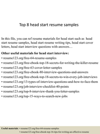 Top 8 head start resume samples | PPTX | Resume Writing and Advice ...
