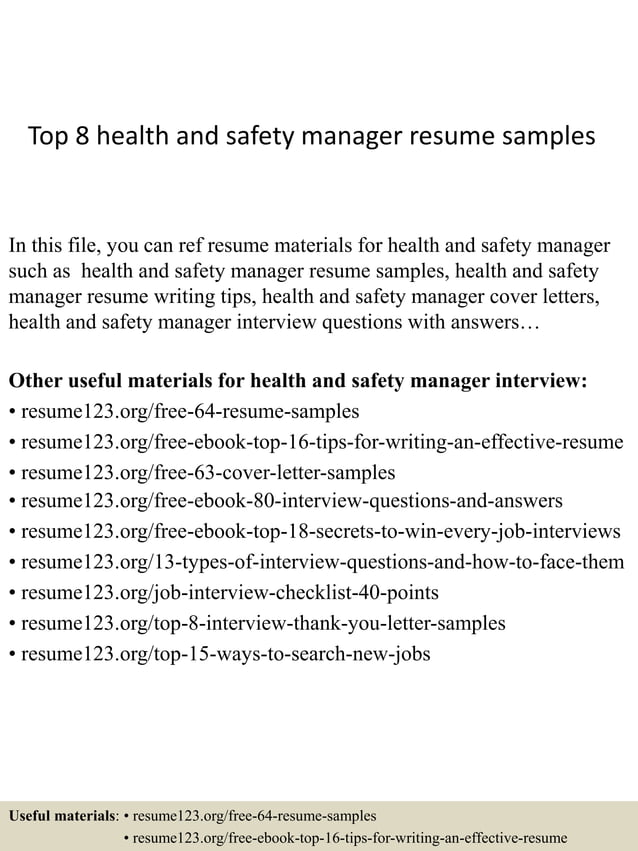 Top 8 health and safety manager resume samples | PDF