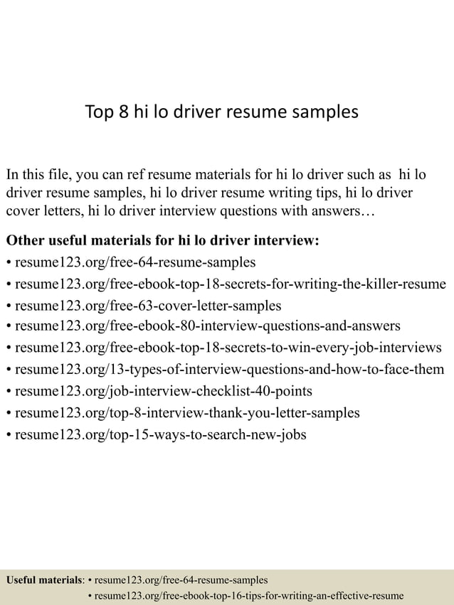 Top 8 hi lo driver resume samples | PDF