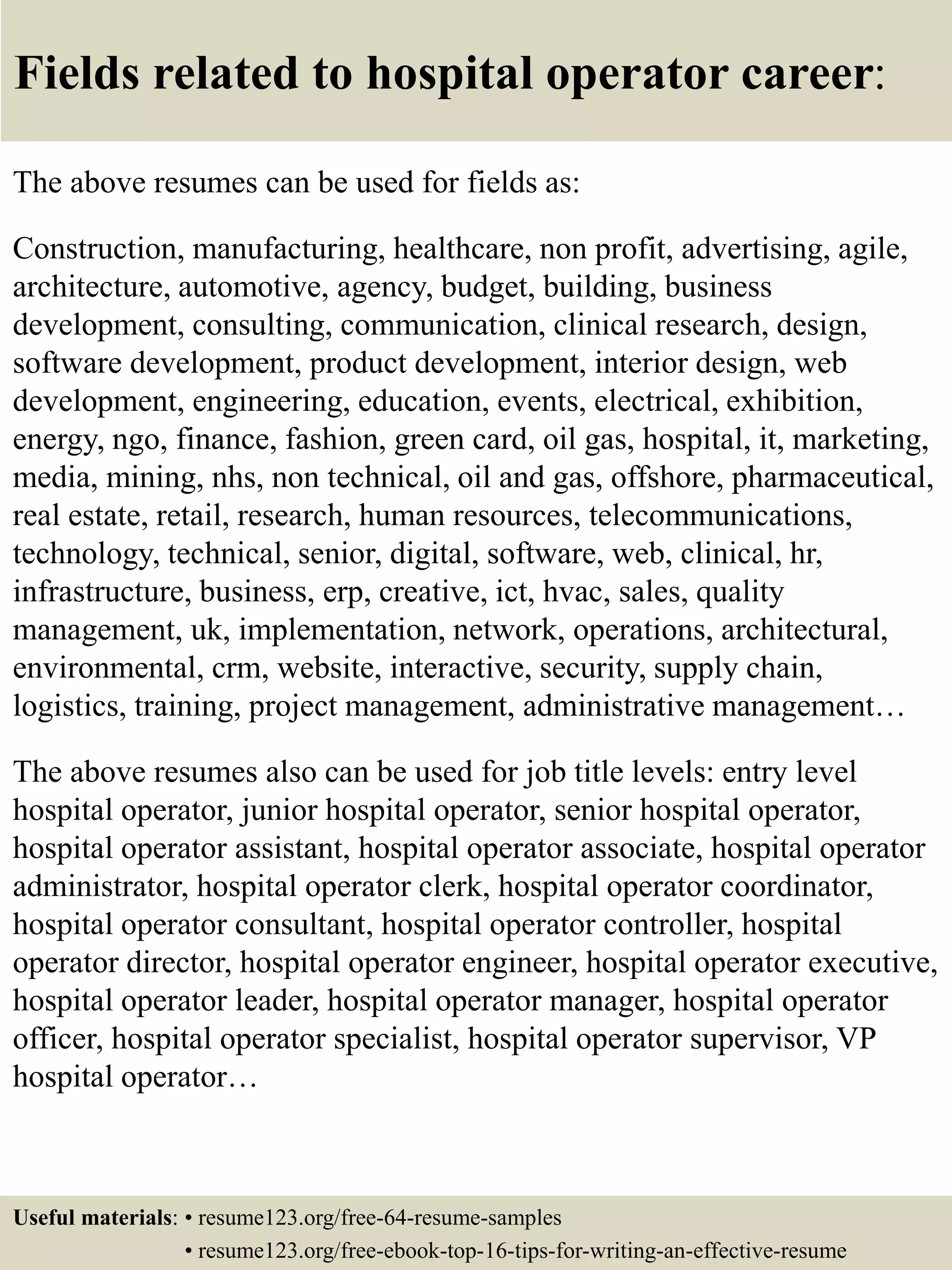 Top 8 hospital operator resume samples | PPTX