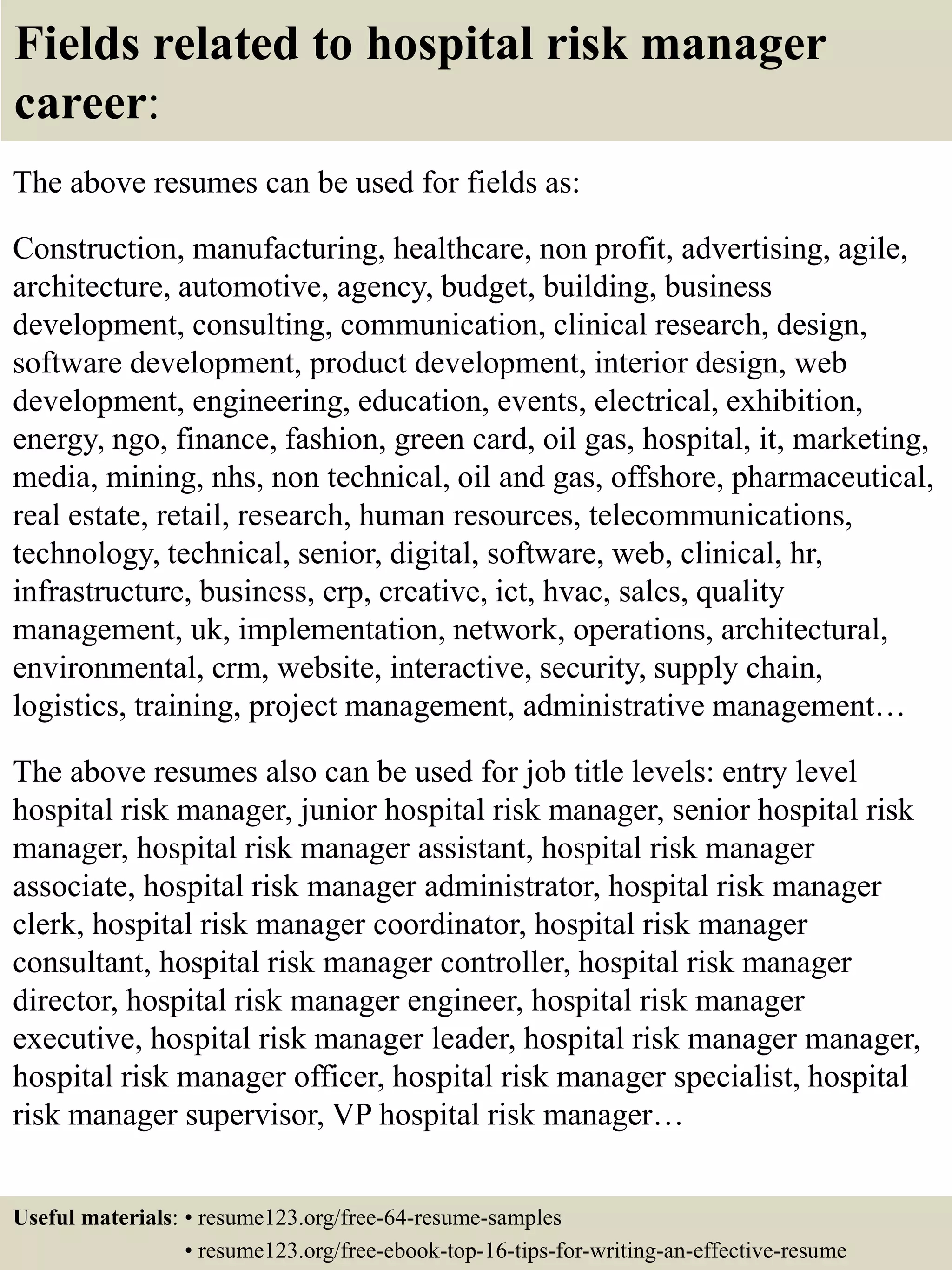 Top 8 hospital risk manager resume samples | PPTX