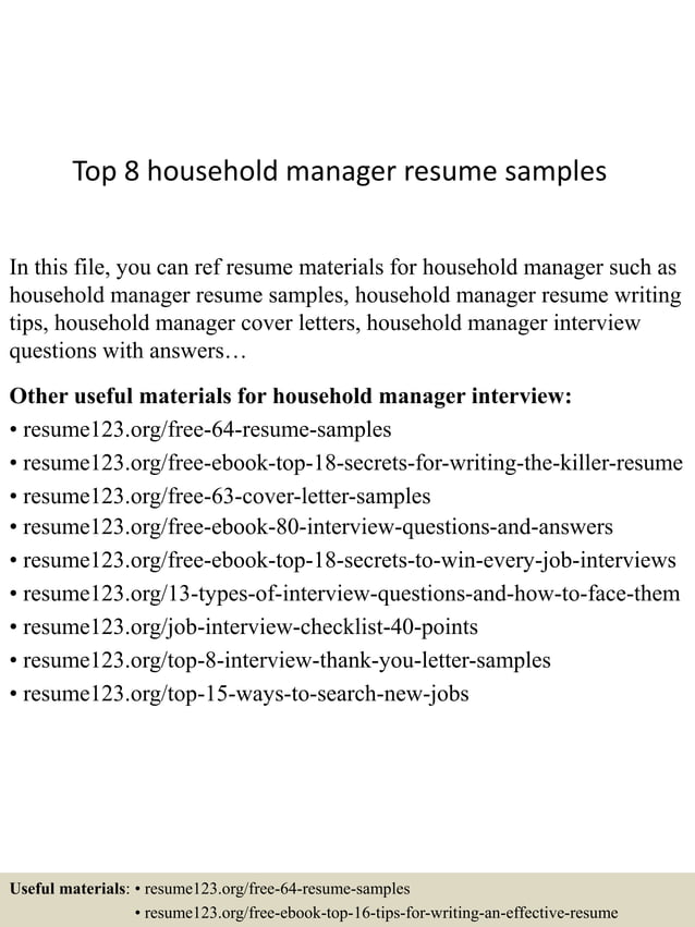 Top 8 household manager resume samples | PDF