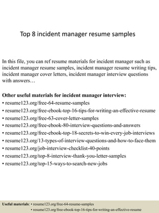 Top 8 incident manager resume samples | PPTX