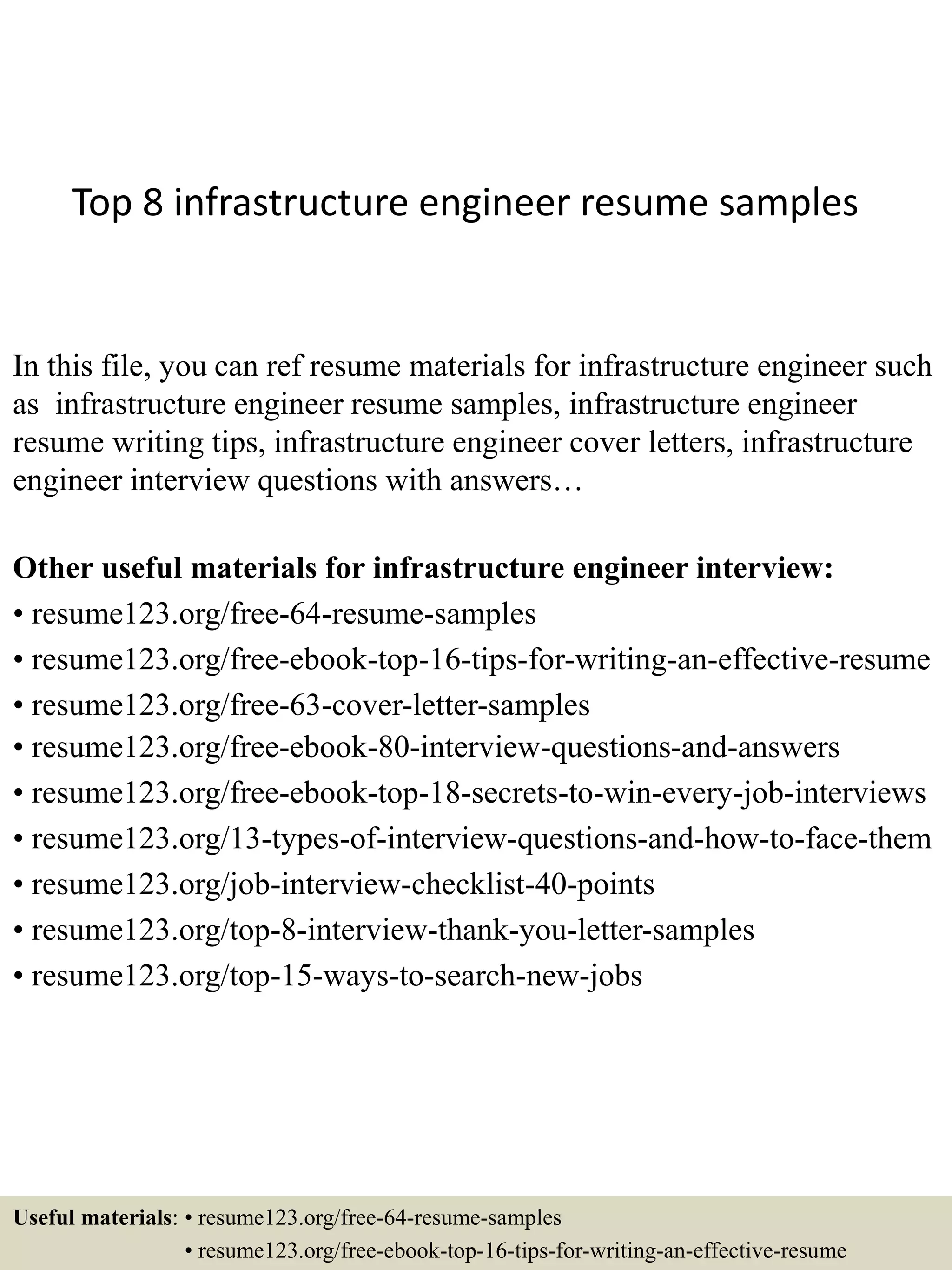 Top 8 infrastructure engineer resume samples | PDF