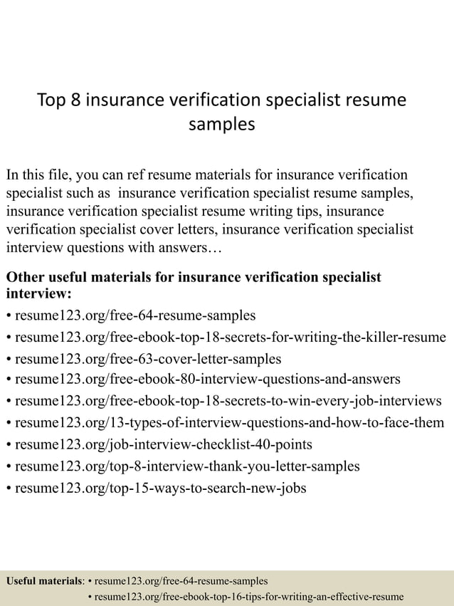 Top 8 insurance verification specialist resume samples | PPTX | Resume ...