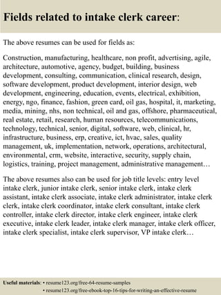 Top 8 intake clerk resume samples | PDF