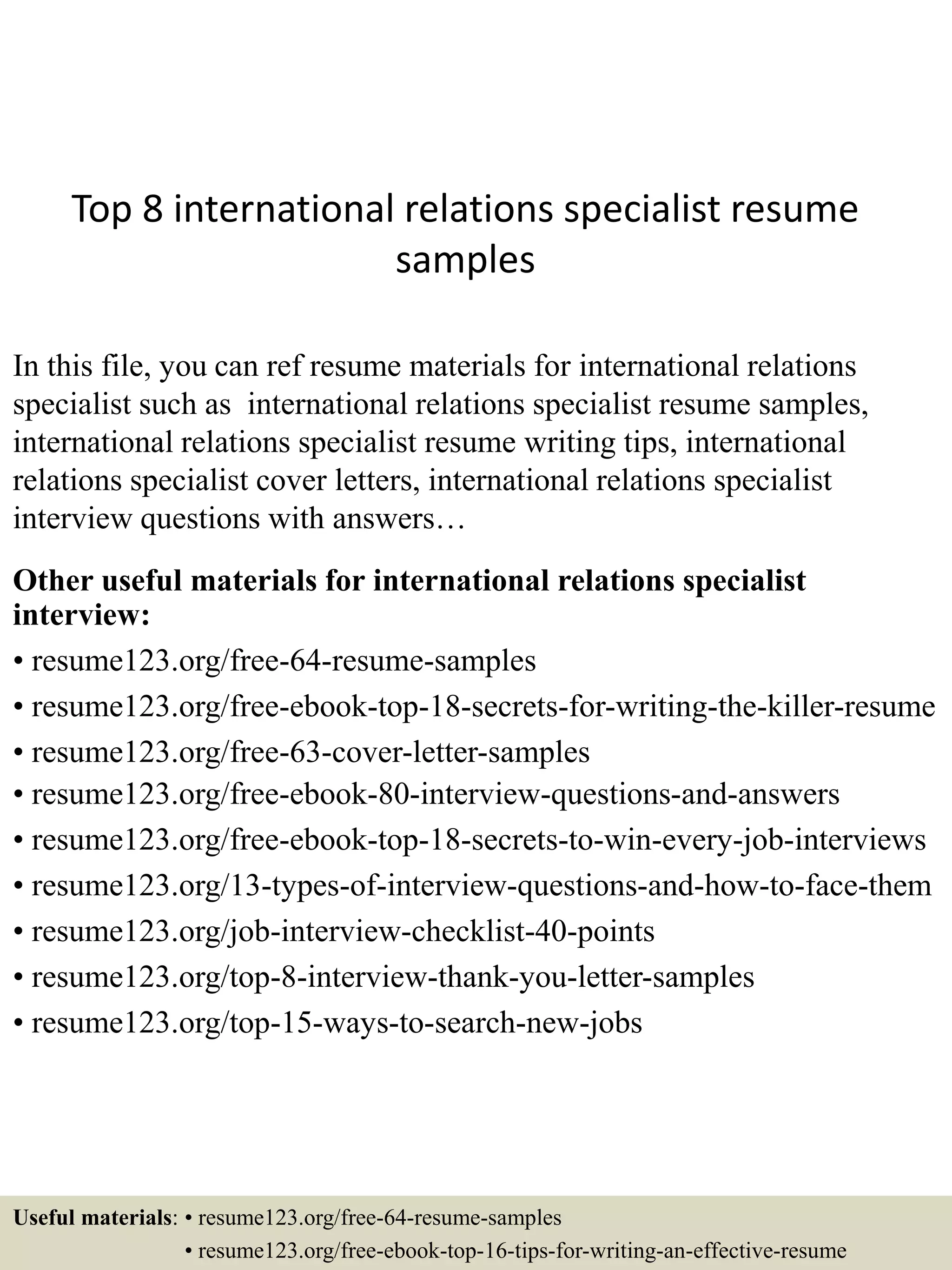 Top 8 international relations specialist resume samples | PPTX