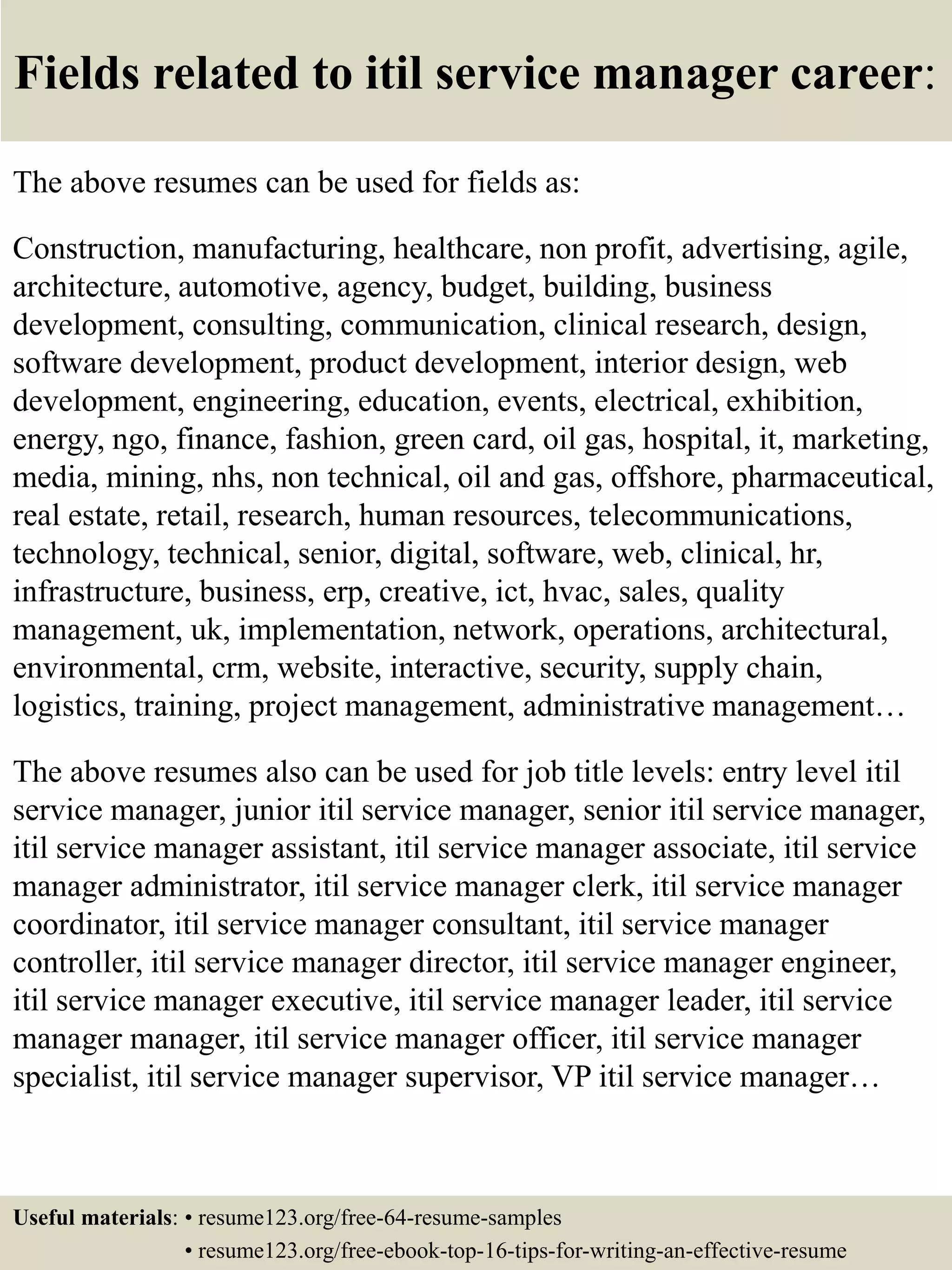 Top 8 itil service manager resume samples | PPTX