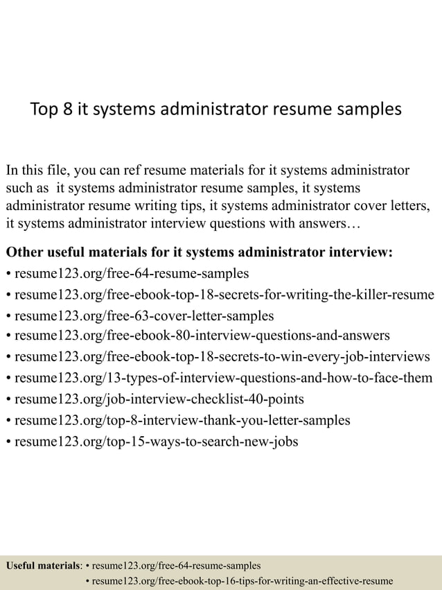 Top 8 it systems administrator resume samples | PDF