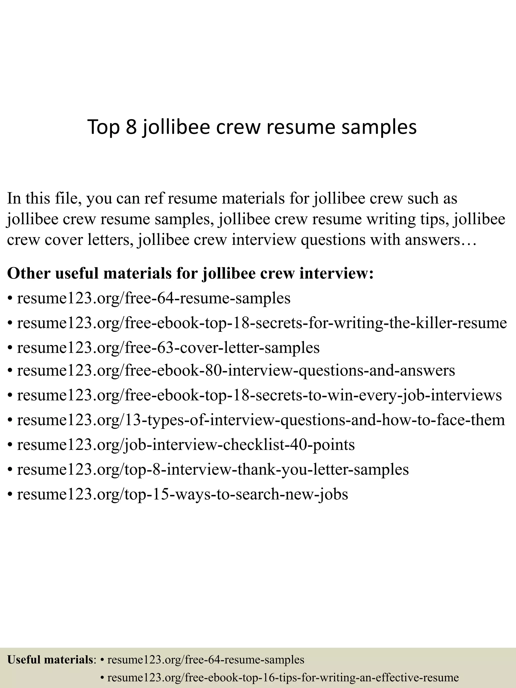 Top 8 jollibee crew resume samples | PPTX