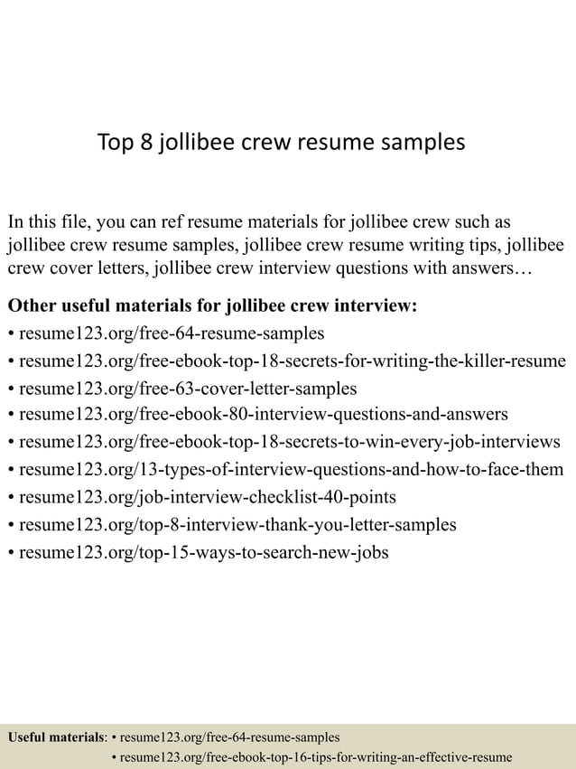 Top 8 jollibee crew resume samples | PPTX | Resume Writing and Advice ...