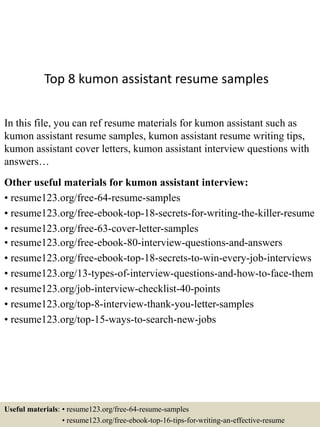 Top 8 kumon assistant resume samples | PPTX
