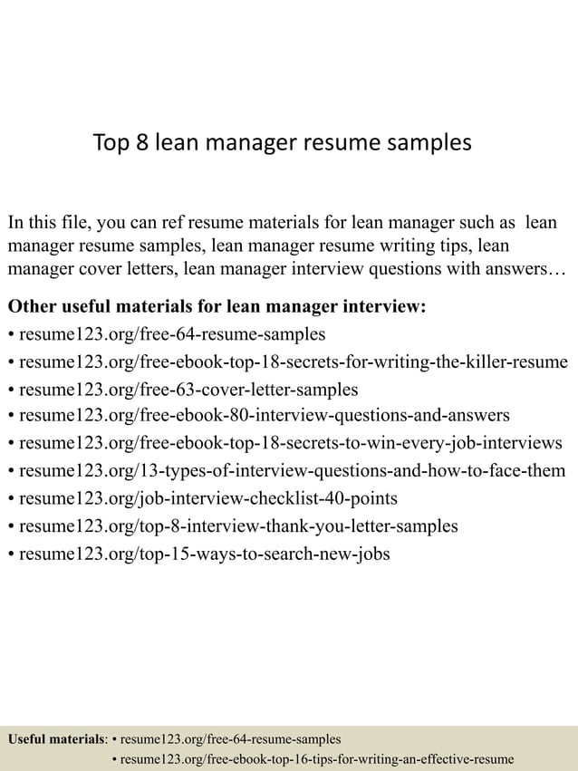 Top 8 lean manager resume samples | PPTX