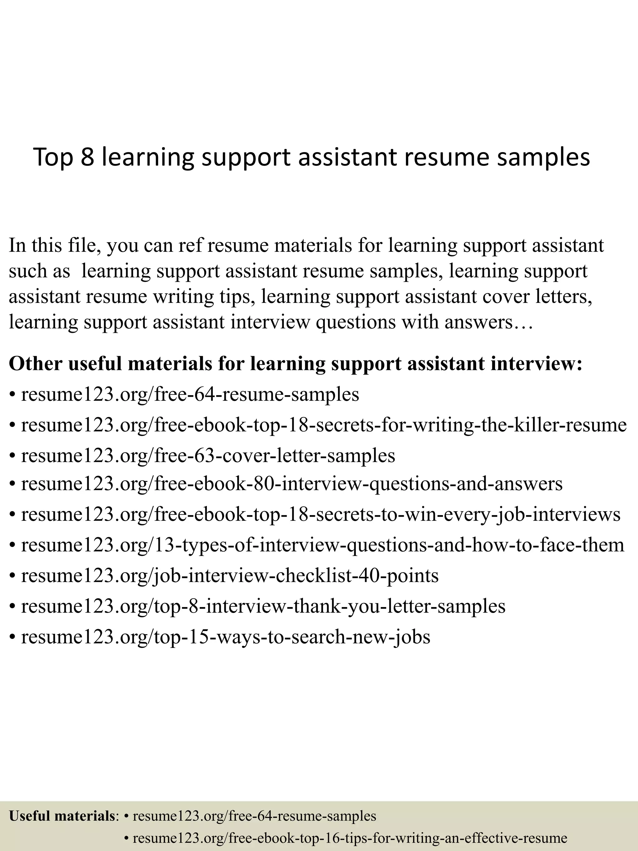 Top 8 learning support assistant resume samples | PPTX