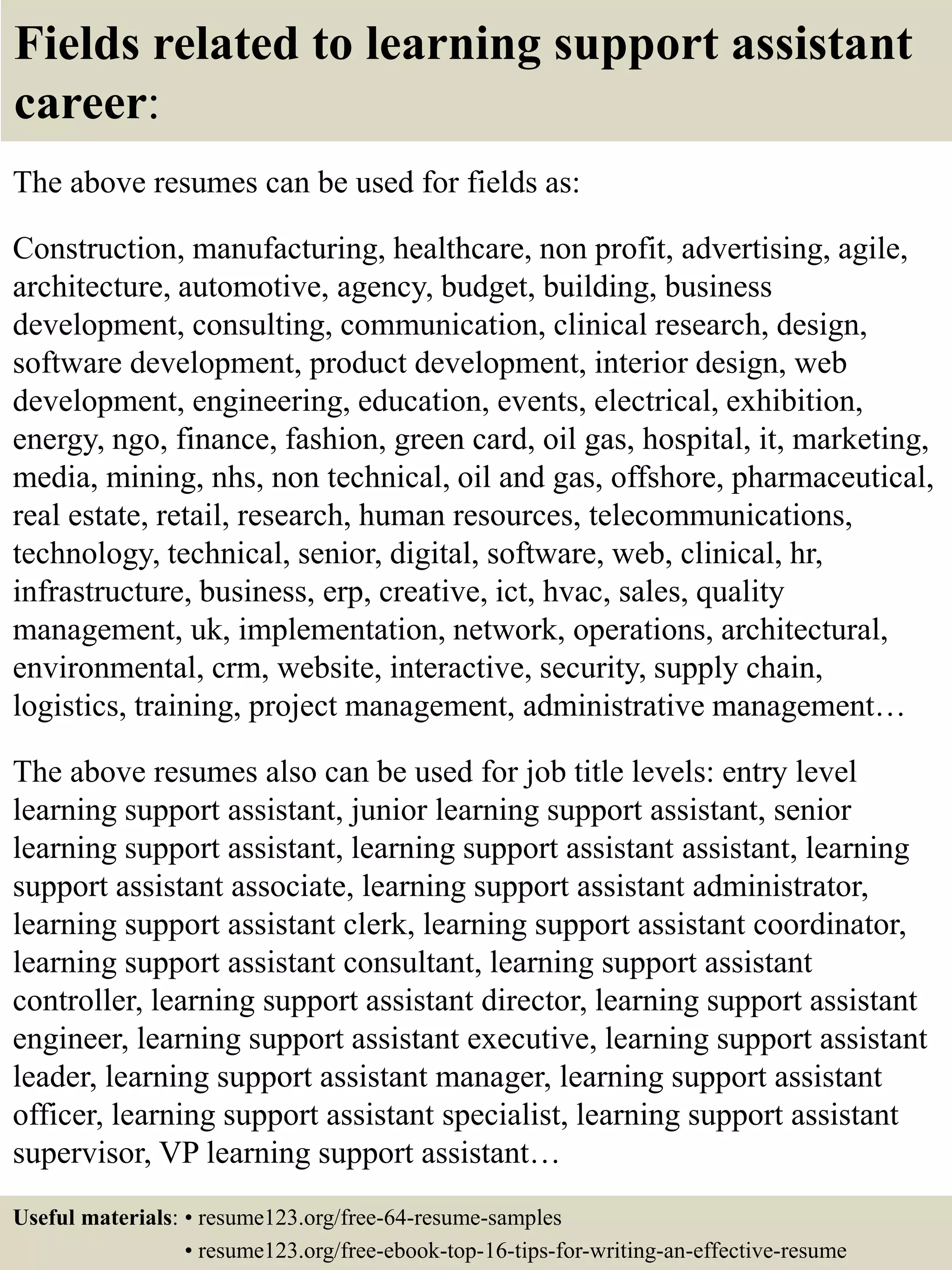 Top 8 learning support assistant resume samples | PPTX